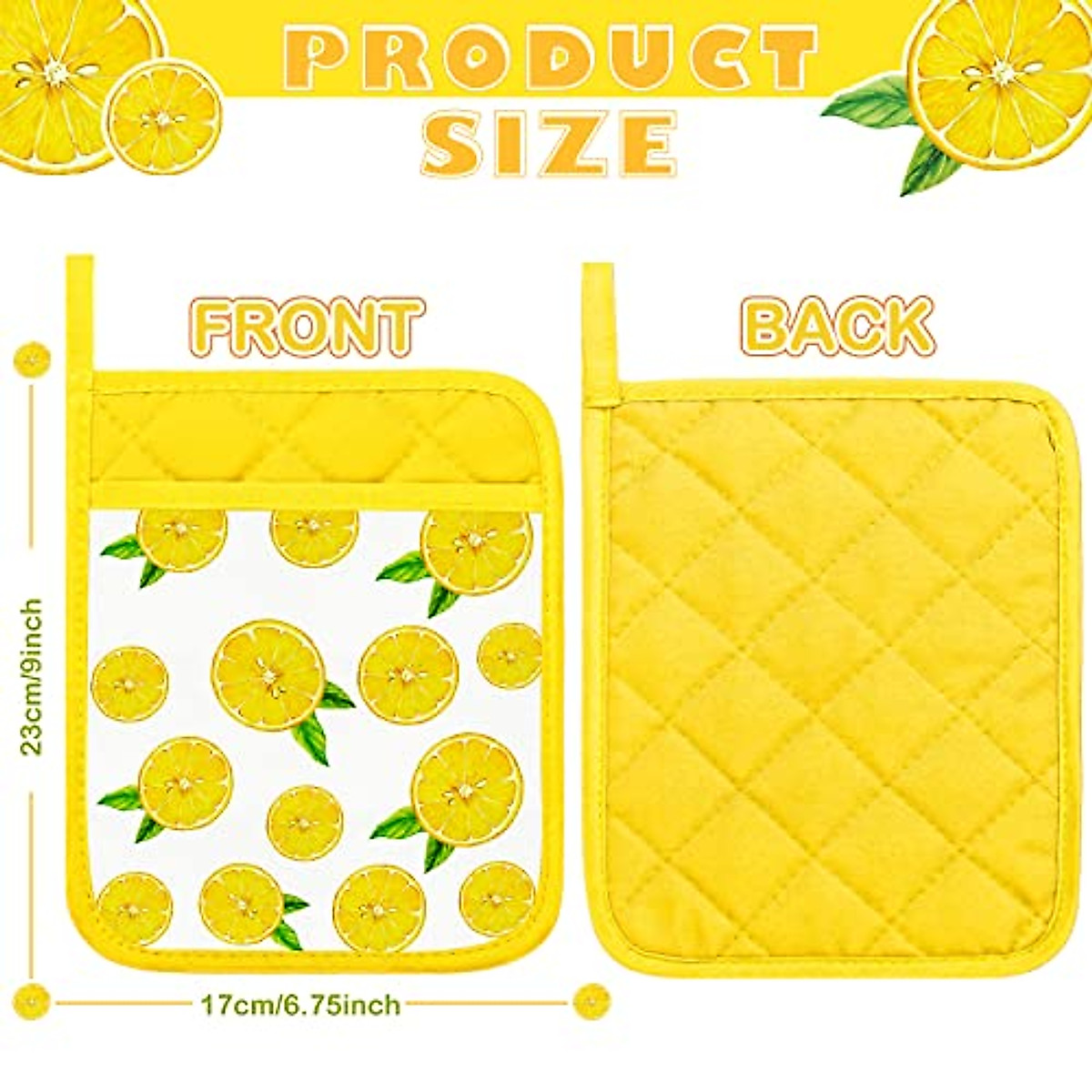 6 Pcs Pot Holders for Kitchen Heat Resistant Yellow Lemon Design Pot Holders with Hand Pockets and Hanging Loops Cotton Hot Pads Dual Function for Kitchen, Cooking, Baking, Grilling, Gifting