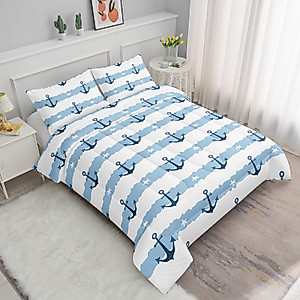 Datura home Anchor Comforter Sets for Boys Girls Kids,Blue White Stripes Starfish Anchor,Duvet 3Pcs in Quilt Sets with 1 Comforter and 2 Pillowcases All Season(Blue White Queen)