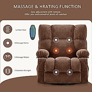 VON RACER Bosmiller Recliner Chair Soft Fabric with Heat and Massage Oversized Chairs for Adults Manual Rocking Big Tall 2 Cup Holders Living Room Classic Brown