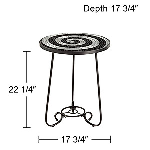 Teal Island Designs Spiral Modern Black Metal Round Outdoor Accent Side Table 17 3/4" Wide Black White Mosaic Tile Tabletop Gracefully Curved Legs for Spaces Porch Patio Home House Balcony Deck