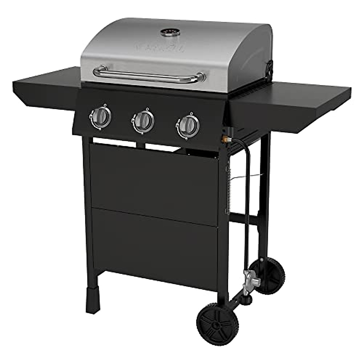 Nexgrill Premium 3 Burner Propane Barbecue Gas Grill, Side Table Open Chart with Wheels, Outdoor Cooking, Patio, Garden Barbecue Grill, 27000 BTUs, Black and Silver