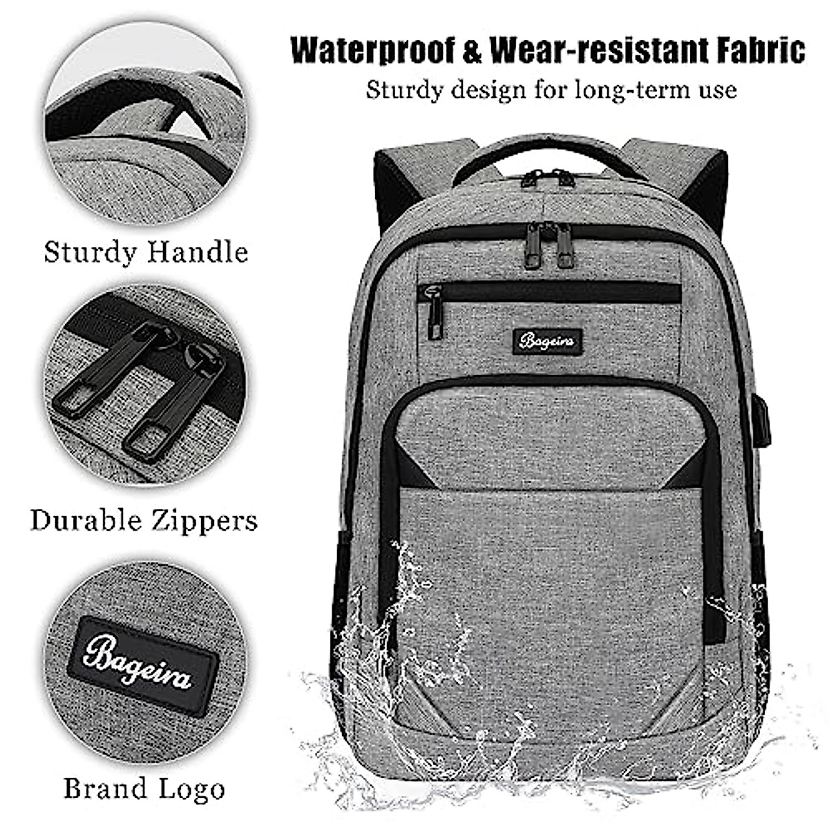 Travel Laptop Backpack for men women, School Backpacks for teen boys 15.6 Inch Durable Water Resistant Anti Theft Bookbag with USB Charging Port, College High School Business Computer Bookbags, Grey