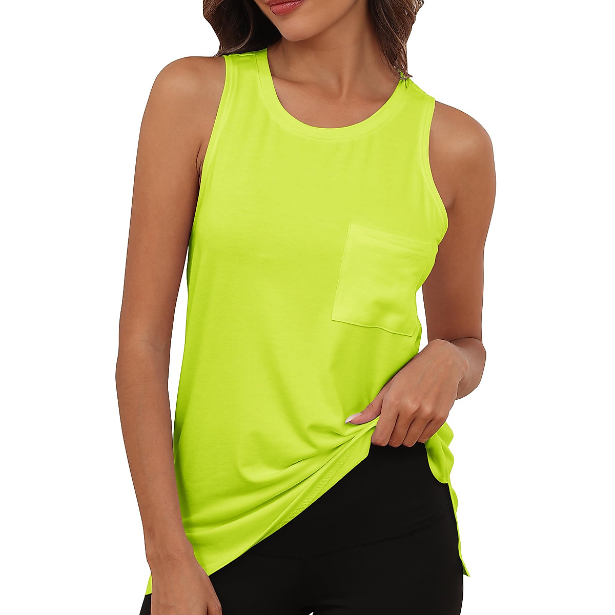 Smile Fish Women's Crew Neck Loose Fit Flowy Tank Top Basic Cotton Sleeveless Shirt Pocket Neon Green,XL
