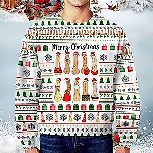 Mens Christmas Ugly Sweaters Funny Dirty Dildos Secret Casual Round Neck Sweatshirts 3D Graphic Long Sleeve Pullover White