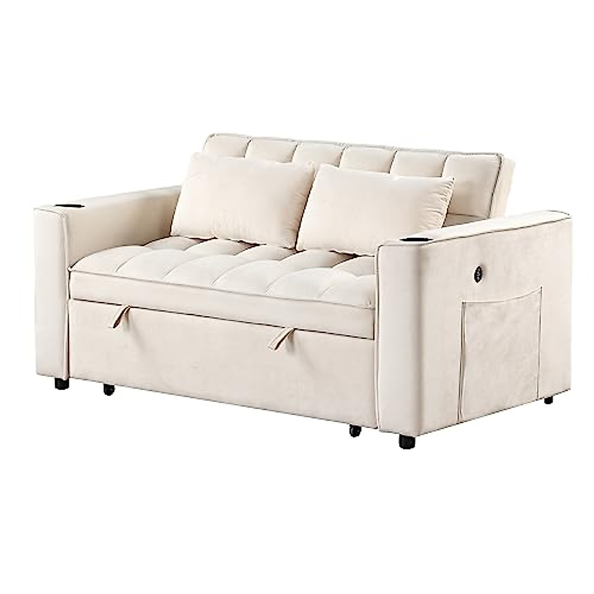 FULife 58" Convertible Sofa Couch with Pull-Out Sleeper,Adjustable Loveseat Armchair Single Bed Chair with Cup Holder,USB Port,Side Pocket&Pillows for Living Room/Apartment/Office/Studio/Small Place