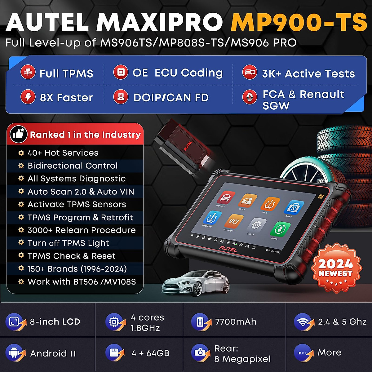 Autel MaxiPRO MP900TS Scanner, 2024 8IN MP900-TS Upgrade of MP900BT/ MS906TS/ MP808S-TS, DoIP CAN-FD, Full TPMS as MS906 Pro-TS, Advanced ECU Coding, 40+ Services, BiDirectional Control, Auto Scan 2.0