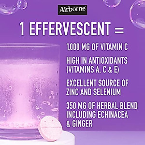 Airborne 1000mg Vitamin C with Zinc Effervescent Tablets, Immune Support Supplement with Powerful Antioxidants Vitamins A C & E - 36 Fizzy Drink Tablets, Very Berry Flavor