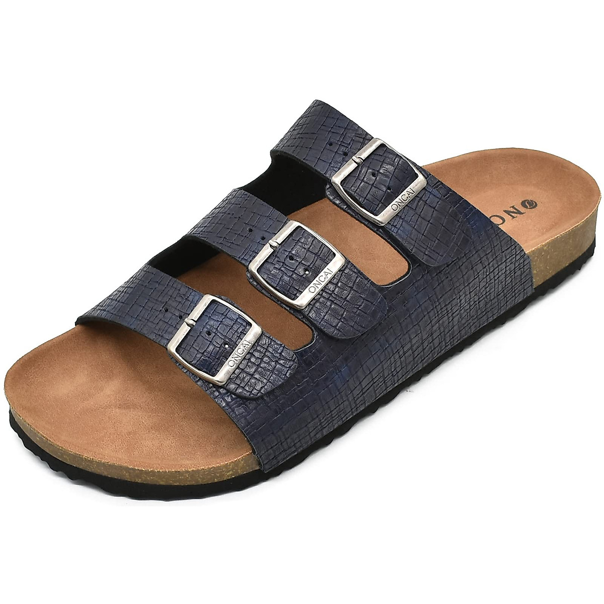ONCAI Mens Sandals, Arch Support Summer Beach Slides Cushion Cork Footbed Sandals Outdoor/Indoor with Adjustable Buckle Strap Blue Size 11.5