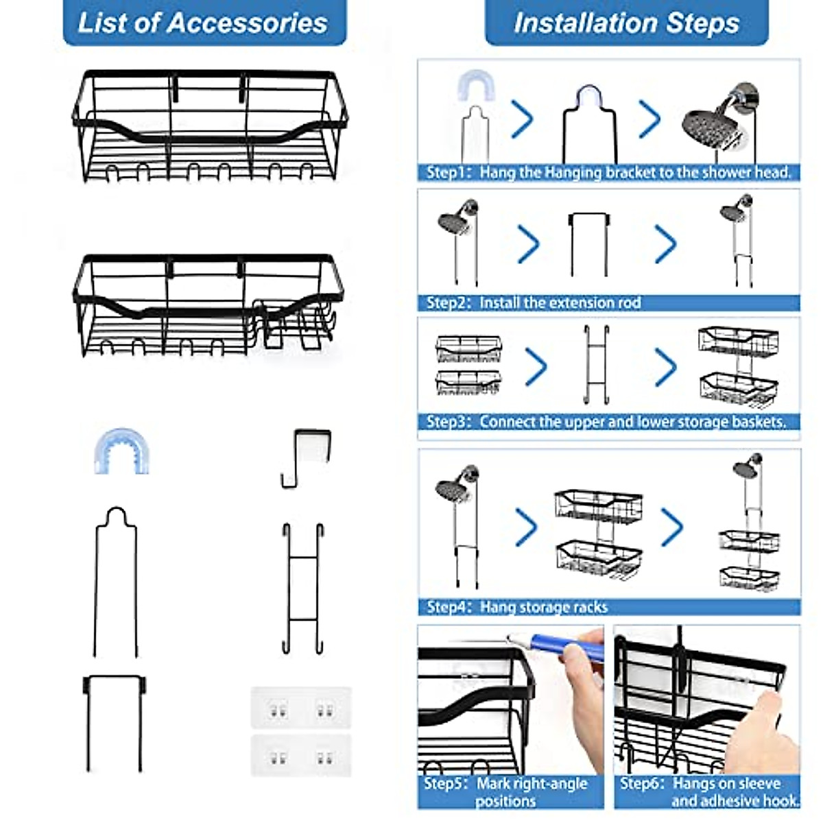 Joqixon Shower Caddy, UPGRADED Extended Length Shower Caddy Over Shower Head No Blocking to Shower Head, Rustproof Shower Organizer with Hooks Shampoo Soap Holder, Bathroom Large Hanging Shower Caddy