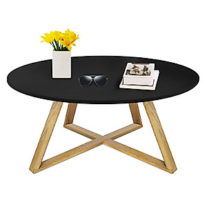 SYMXMYZ 31.5 Inches Round Coffee Table, Wooden Coffee Table, Modern Coffee Table, Oak Table Legs, Coffee Tables for Living Room Modern Design Home Furniture, Black