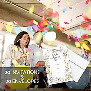 AEHIE 16th Birthday Garden Wildflowers Invitation Cards with Envelopes, 20 Count, Multicolor