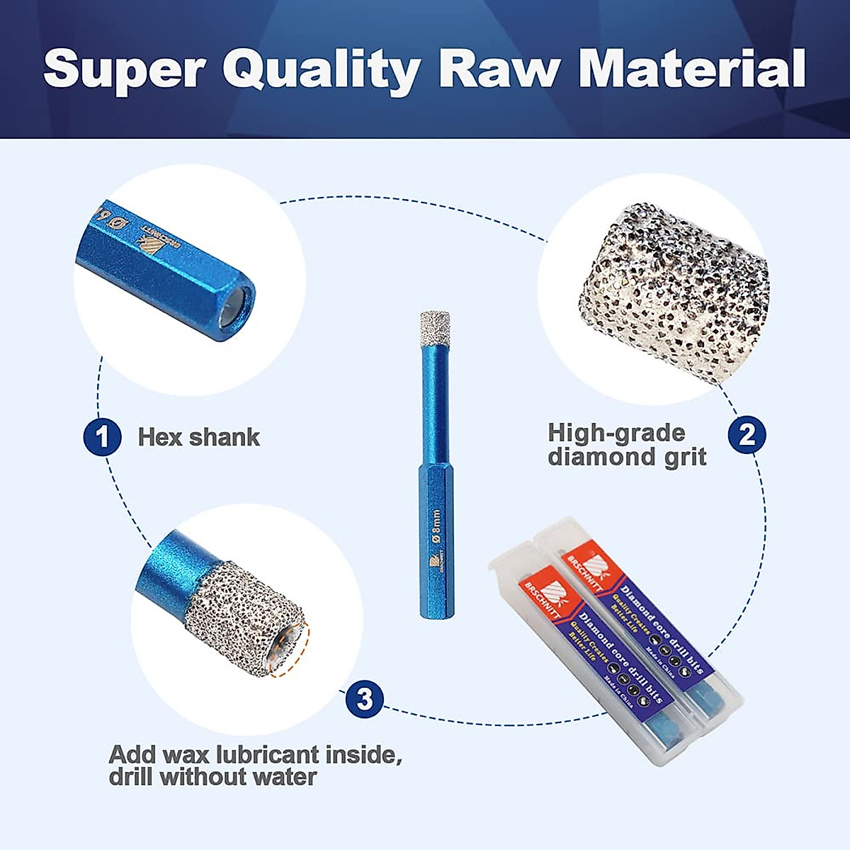 Dry Diamond Drill Bit Set,BRSCHNITT 5pcs 5/16 Inch (8mm) Diamond Hole Saw Core Drill Bit for Porcelain Tile Ceramic Stone Granite Marble,Hex Shank Dry Drilling Diamond Core Drill Bit Kit