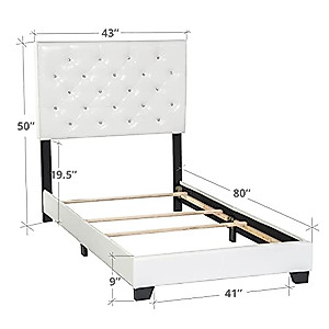 Happy Homes Lexi Upholstered Bed Frame with Headboard /Diamond Button Tufted /Faux Leather /Wood Slats Included /Easy Assembly/Box Spring Platform Needed /Works with Memory Foam Mattress Twin White