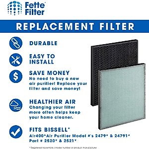 Fette Filter - Air Purifier Replacement Filter Set Compatible with Bissell Air400 Air Purifier Model #'s 2479 & 24791 Compare to Part # 2520 and 2521. Combo Pack (1Hepa Filter & 1 Carbon Filter)