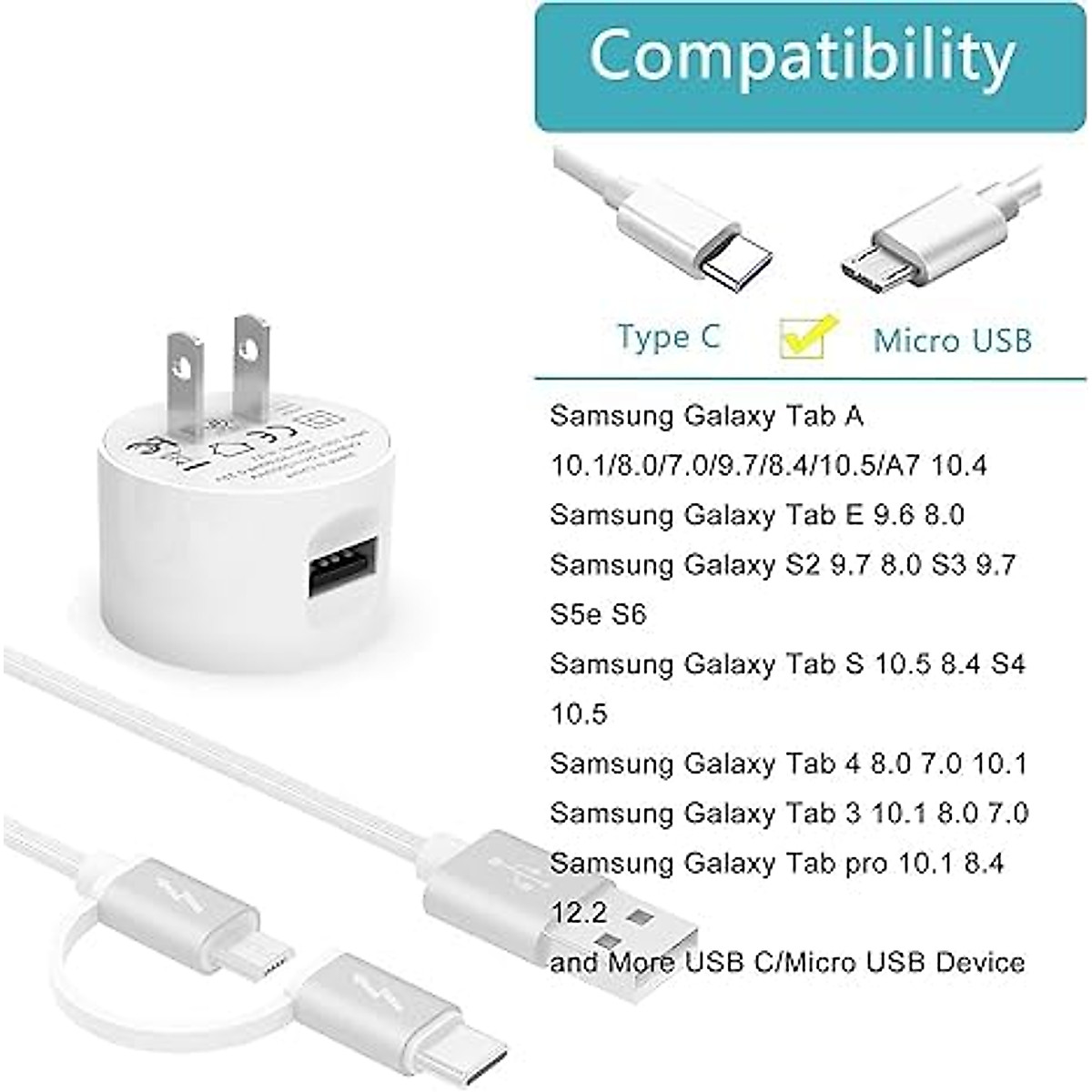 5FT 2 in 1 Charger Fit for Samsung Galaxy Tab A E,S,S2,3,4, 10.1" 7.0" 8.0" 8.4" 9.6" 9.7",SM-T580/T380/T280/P580/T387/T377/T800/T113/T520/T900/T320/T713 Tablet Cable Power Supply Adapter Cord
