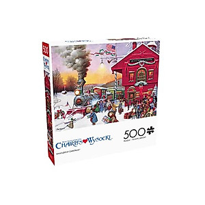 Buffalo Games - Charles Wysocki - Whistle Stop Christmas - 500 Piece Jigsaw Puzzle Red, Violet, Green, 21.25"L X 15"W