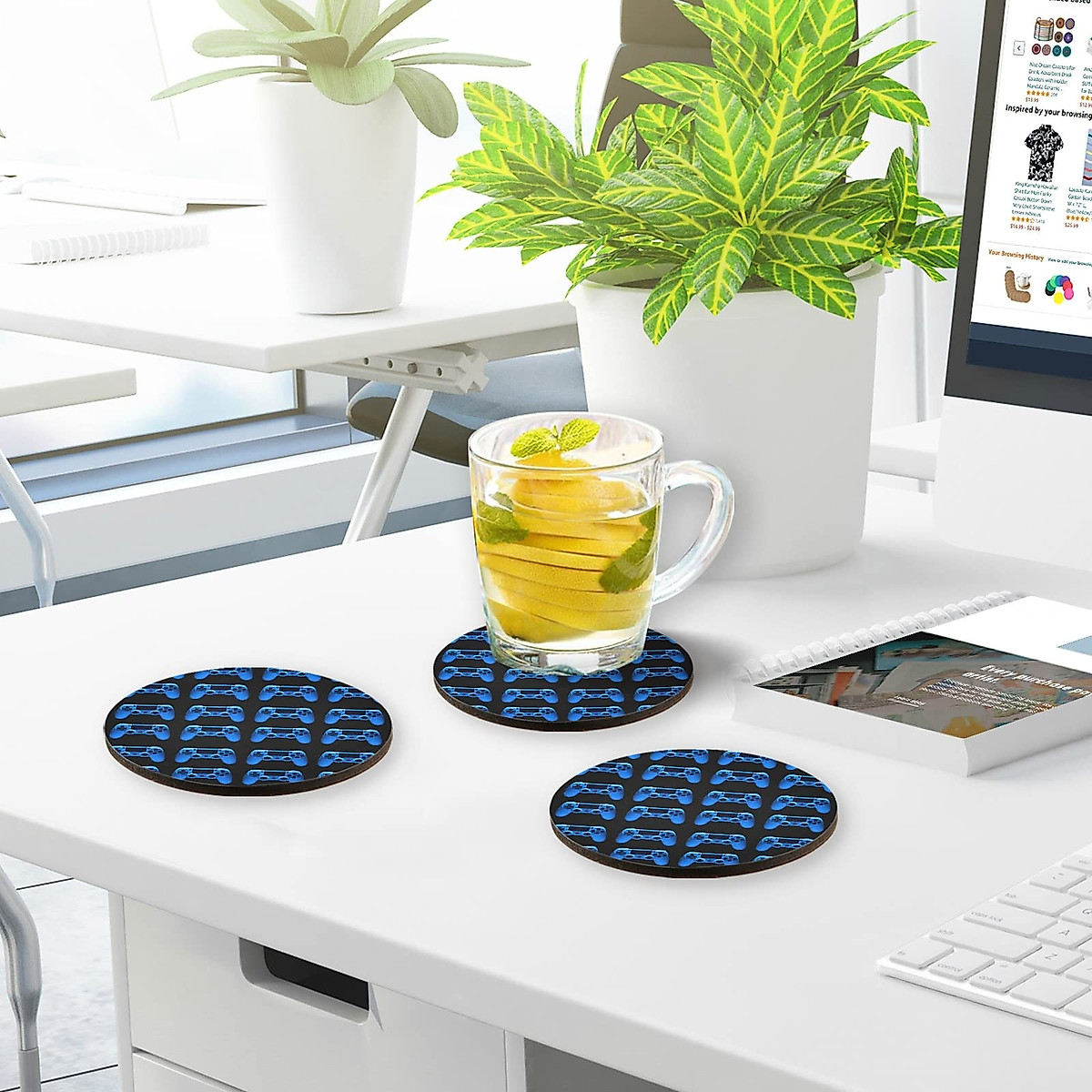 Video Game Joystick Gamepad in Blue Neon Lights Isolated on Black 4 Pcs Tea Wooden Round Coaster Set, Non-Slip Lightweight Wooden Coaster for Party Home Office Kitchen Bar Coffee Table