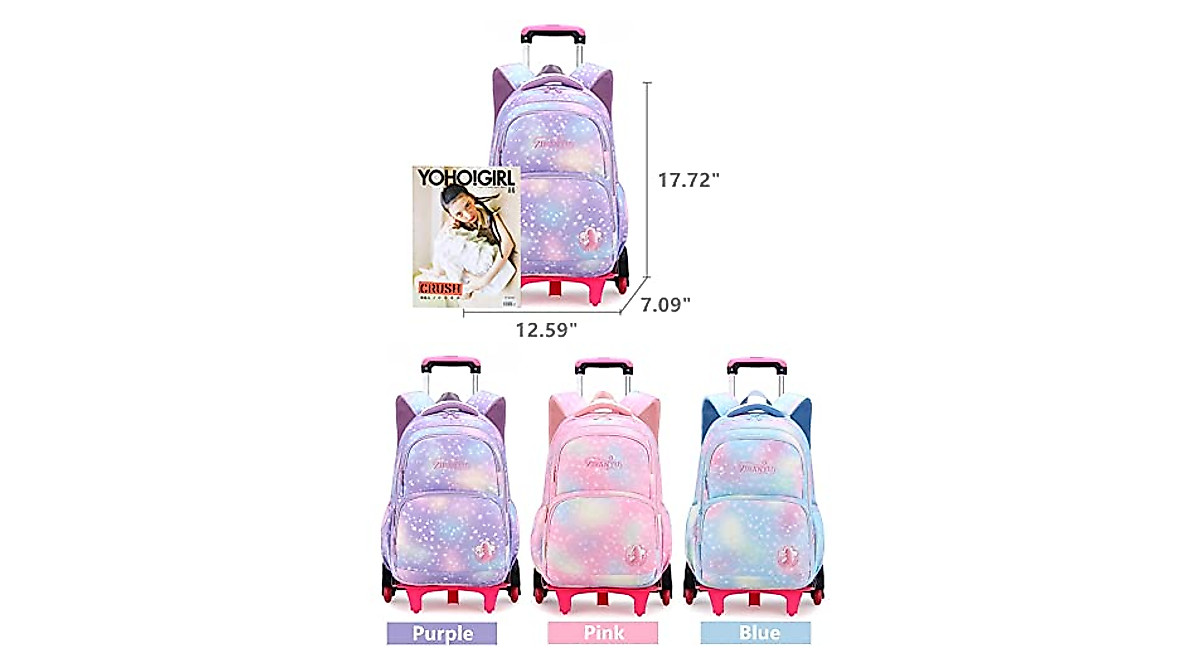 Girls Pink Rolling Backpack | 6-Wheel School & Travel Bag