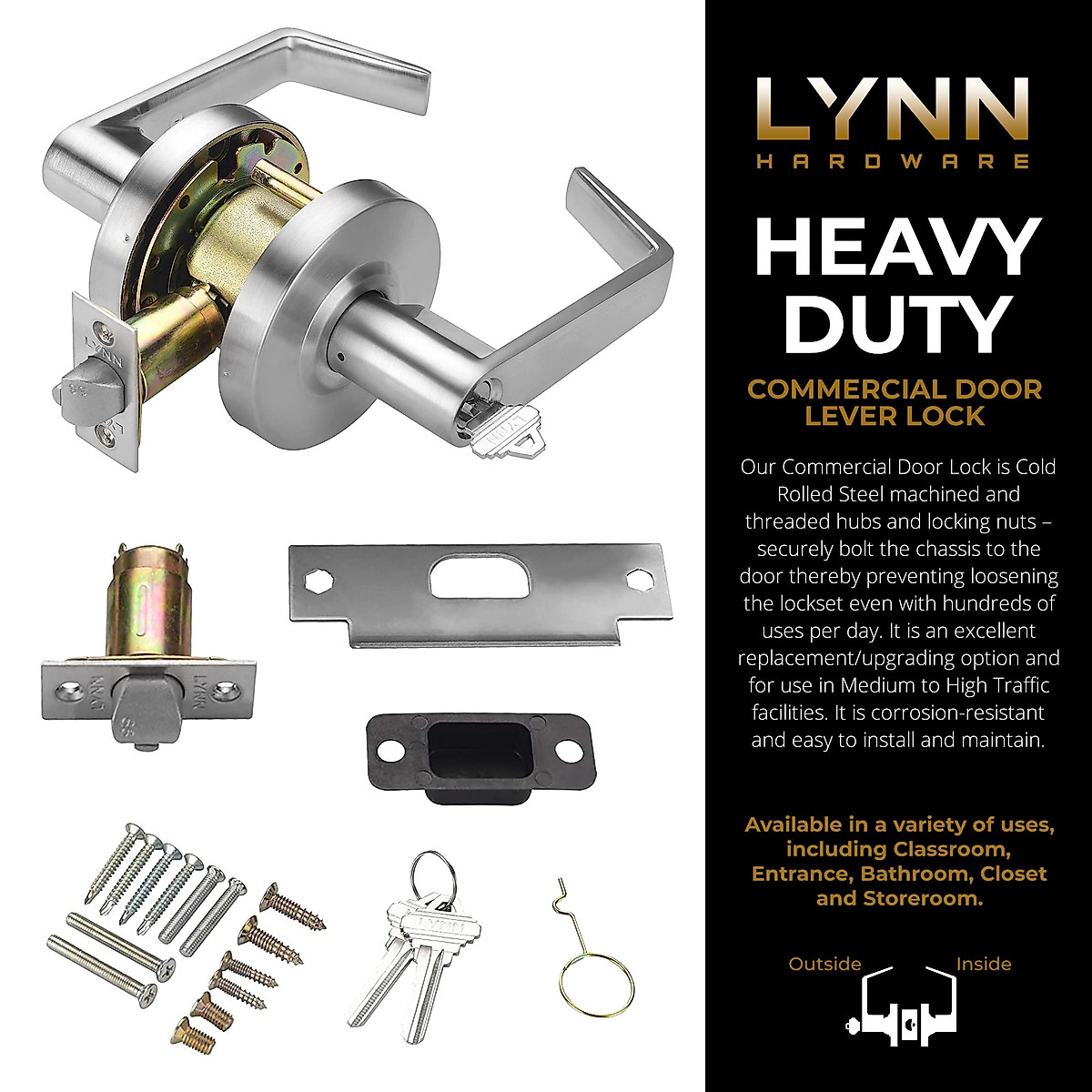 LYNN HARDWARE Commercial Door Lever Lock - Heavy-Duty Locking Door Handle, Designer Door Handles, Cylindrical Lever Lock, Non-Handed Grade 2 Door Handle, Satin Chrome, Storeroom Function