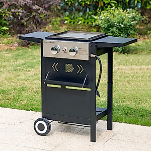 Sophia & William 2-Burner Gas BBQ Grill With Flat Top, Small Outdoor Propane Barbecue Grill with Side Shelves,Lid and Hose & Regulator for Camping, 20,000 BTU,Black