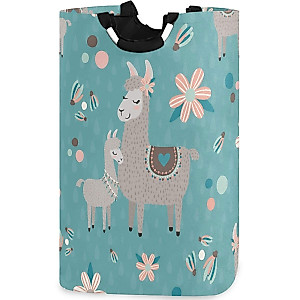 visesunny Grey Llama Mother and Baby Flower Large Capacity Laundry Hamper Basket Water-Resistant Oxford Cloth Storage Baskets for Bedroom, Bathroom, Dorm, Kids Room