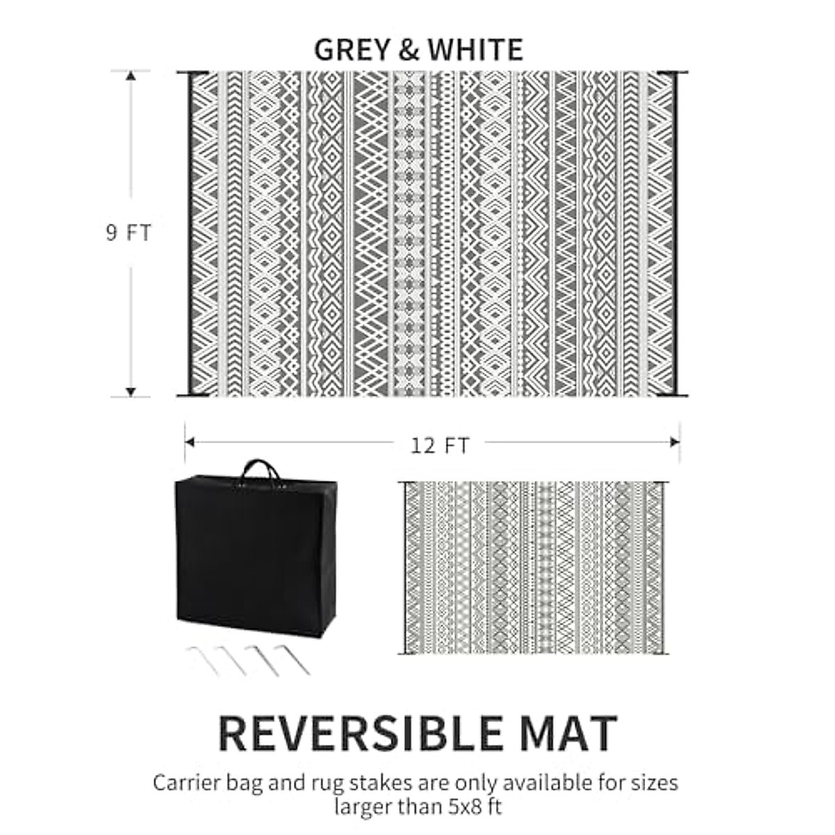 MontVoo-Outdoor Rug Carpet Waterproof 9x12 ft Reversible Patio Rug RV Camping Rug-Plastic Straw Rug Outside Indoor Outdoor Area Rug for Patio Deck Balcony Picnic Beach Outdoor Decor Boho Grey