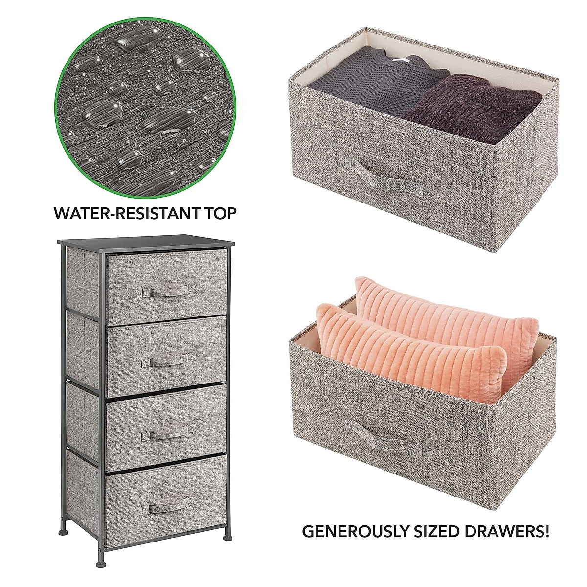 mDesign Tall Dresser Storage Tower Stand with 4 Removable Fabric Drawers - Steel Frame, Wood Top Organizer for Bedroom, Entryway, Closet - Lido Collection - Black/Graphite Gray