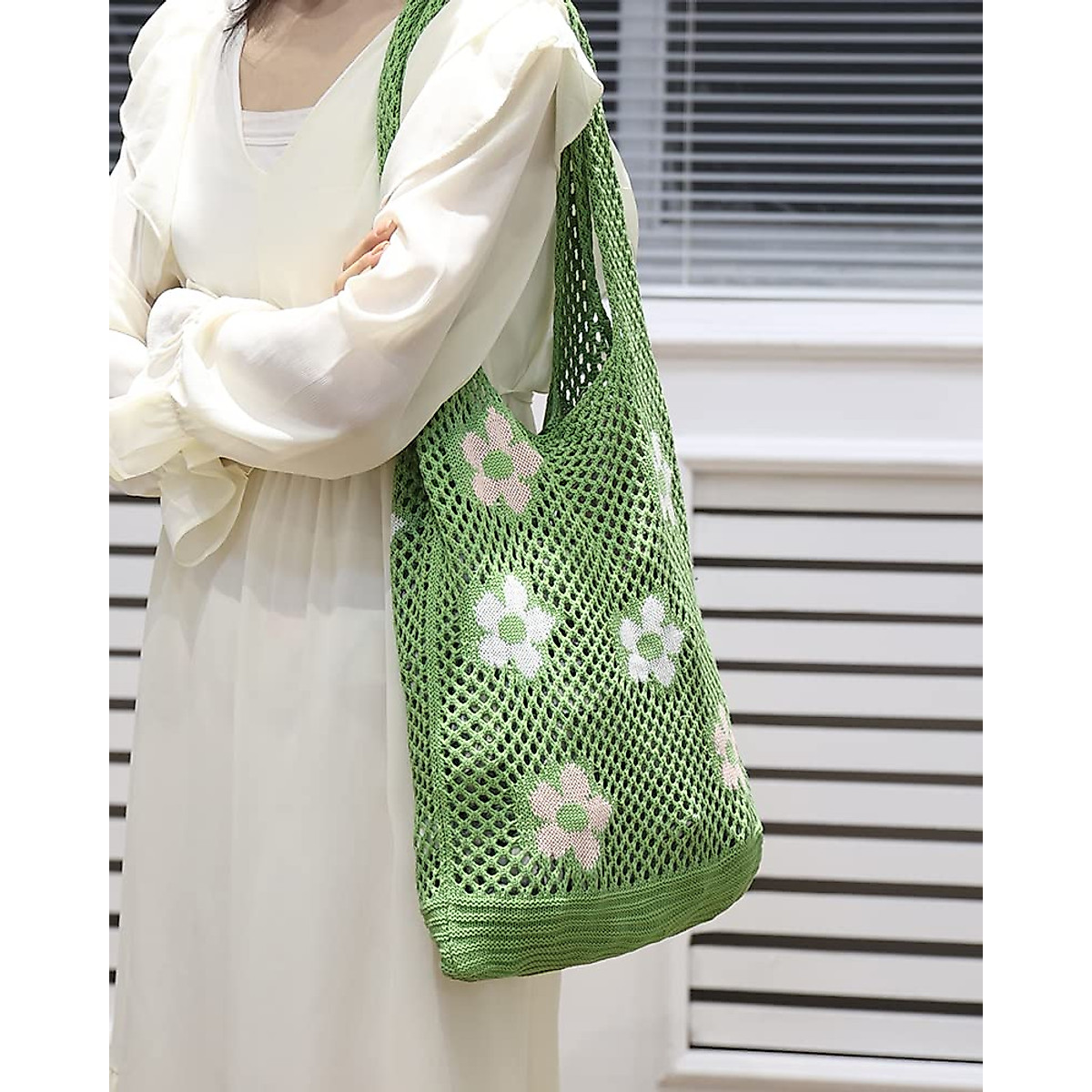 ENBEI Crochet Tote Beach Bag for Women with 6 Flower Pattern, Aesthetic Boho Large Bag, Foldable & Lightweight, Perfect for Beach, Travel, Daily Use & Gift
