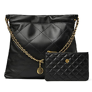 Quilted Leather Tote Bag for Women Large Shoulder Handbags Travel Work Purse With 1 Small Wristlet purse (1-Black)