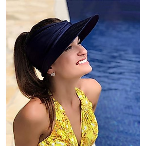 Sun Hat Women Beach Visor Cap UV Protection with Wide Brim Packable Summer Sport Ponytail Sun Cap Navy Blue