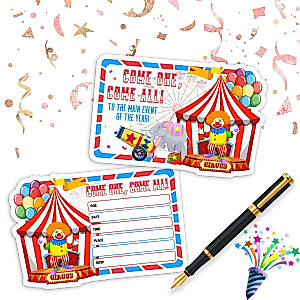 MUZRUYOU Carnival Circus Birthday Party Invitations card for Kids with Envelopes, Carnival Circus Party Supplies(20set