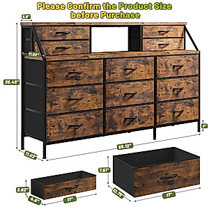 EnHomee 55”W Dresser for Bedroom, Dresser with 13 Large Drawer, Dressers & Chests of Drawers, Dressers with 2 Shelves, Bedroom Dresser, Long Dresser for Closet, Wooden Top Metal Frame Rustic Brown