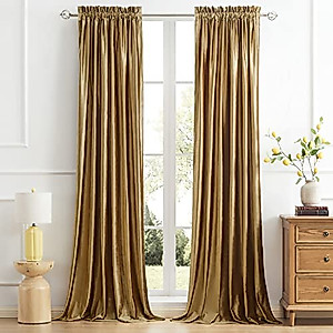 PRIMROSE Dark Golden Curtains 84 inch for Living Room Velvet Blackout Rod Pocket Window Drapes Treatment Semi Room Darkening Decor Curtains for Bedroom Set of 2 Panels