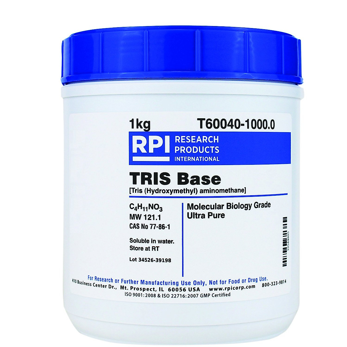 RPI TRIS Base Ultra Pure Powder, 1 Kilogram, Molecular Biology Grade, Buffer Component, [Tris (Hydroxymethyl) Aminomethane]