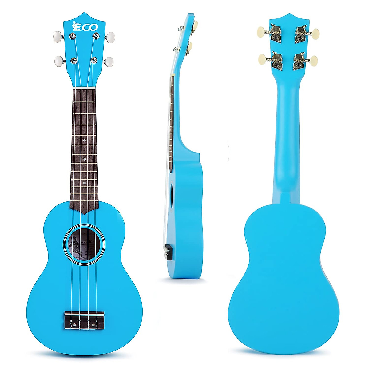 iECO Soprano Ukulele Beginner Kit for Kids Adults 21 Inch Ukelele w/Case Strap Tuner Strings Picks (Blue)