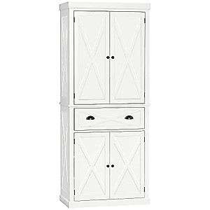 HOMCOM Freestanding Modern Farmhouse 4 Door Kitchen Pantry Cabinet, Storage Cabinet Organizer with 6-Tiers, 1 Drawer and 4 Adjustable Shelves, White