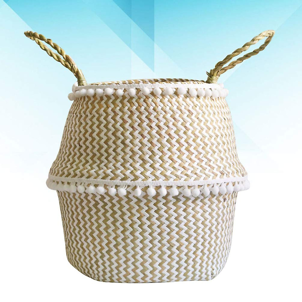 NUOBESTY Natural Round Seagrass Belly Basket with Handles for Storage Nursery Laundry Picnic Plant Pot Cover and Grocery and Toy Storage