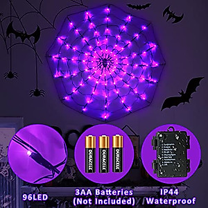 Remon 4Ft Light Up Spider Web Halloween Decorations, 96 Purple LED Waterproof Spider Web Lights with Big Spider, 8 Flashing Modes Battery Powered for Halloween Home Window Yard Garden Indoor Outdoor
