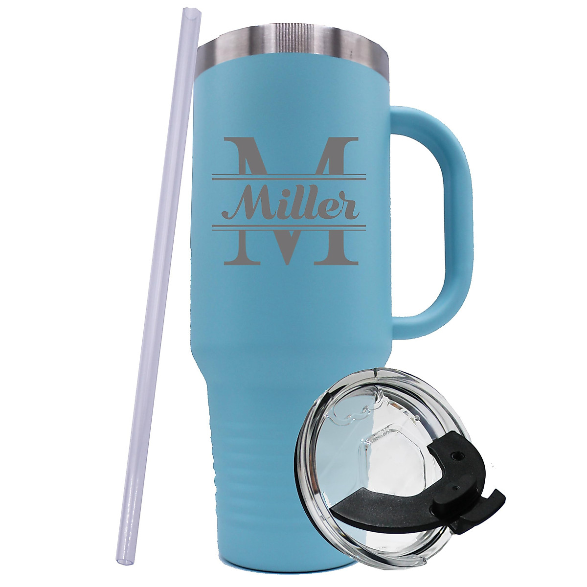 Custom Monogrammed 40 oz Tumbler with Handle, Lid and Straw - Personalized Insulated Stainless Steel Large Cup (Carolina Blue)