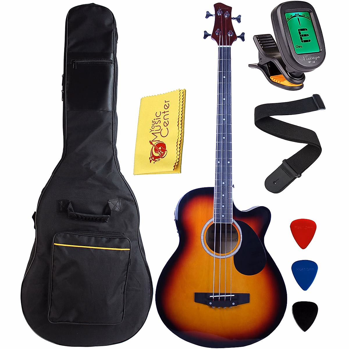 Vizcaya Full Size 4 Strings Cutaway Acoustic-Electric Bass Guitar With 4-Band Equalizer,5mm Padding Gig Bag,Strap, Picks-Sunburst