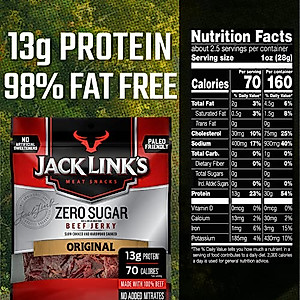 Jack Link's Beef Jerky, Zero Sugar, Paleo Friendly Snack with No Artificial Sweeteners, 13g of Protein and 70 Calories Per Serving, No Sugar Everyday Snack, 2.3 oz
