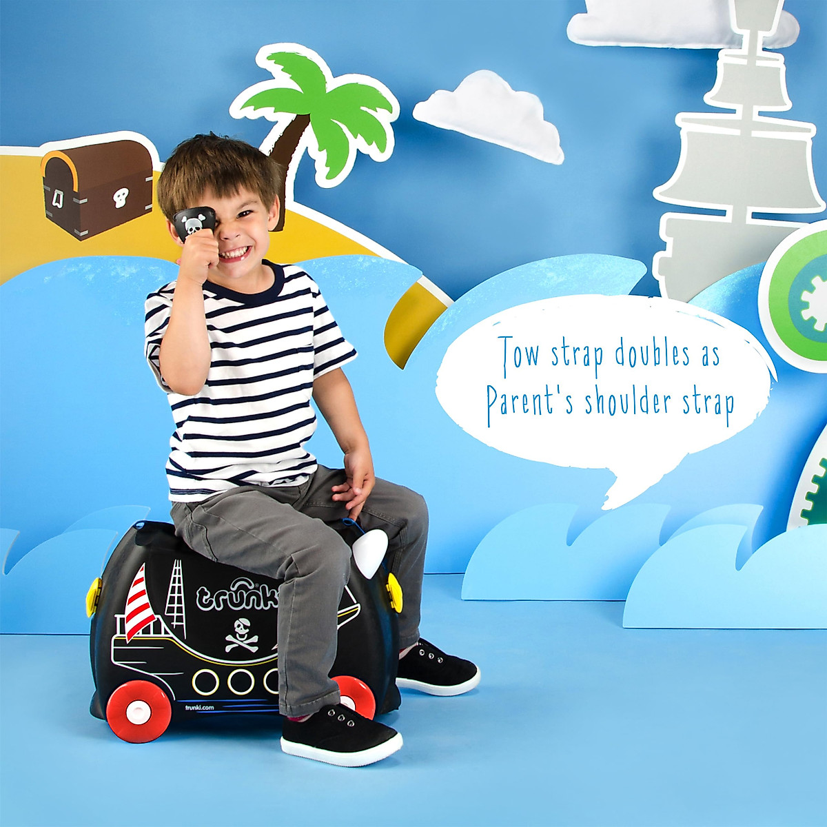 Trunki Ride-On Kids Suitcase | Tow-Along Toddler Luggage | Carry-On Cute Bag with Wheels | Kids Luggage and Airplane Travel Essentials: Pedro Pirate Ship Black