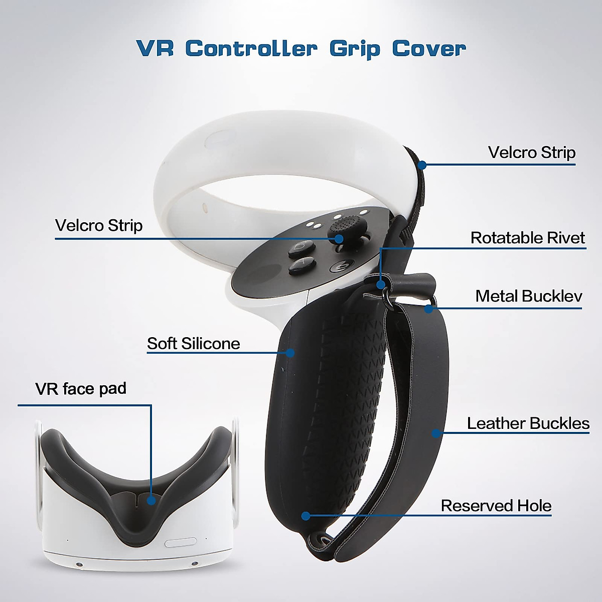 VR Accessoeries,Touch Contrller Grips Cover Compatible with Oculus Quest 2,with 1Pcs VR Silicone Face Pad,Lens Protection Cover,Thumbstick Covers,Sweat-Proof/Anti-Throw/Adjustable (Black/4Pcs Set)