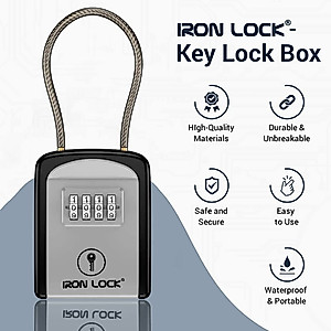 Iron Lock ® - Key Lock Box Portable with Removable Cable Shackle Indoor Outdoor Waterproof 4 Digit Combination with Resettable Code with A B Switch Key Lockbox for Outside Hold Spare Keys for Realtors