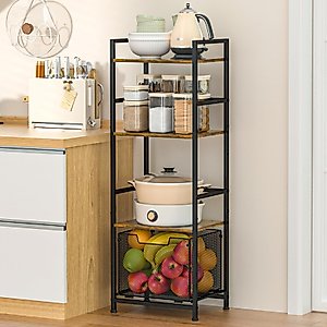 4-Tier Adjustable Kitchen Storage Rack - Kitchen Shelf Organizer Freestanding, Kitchen Storage Shelves with Wire Drawer, Metal Shelving Unit with Wood Board, Versatile Narrow Shelf for Small Space