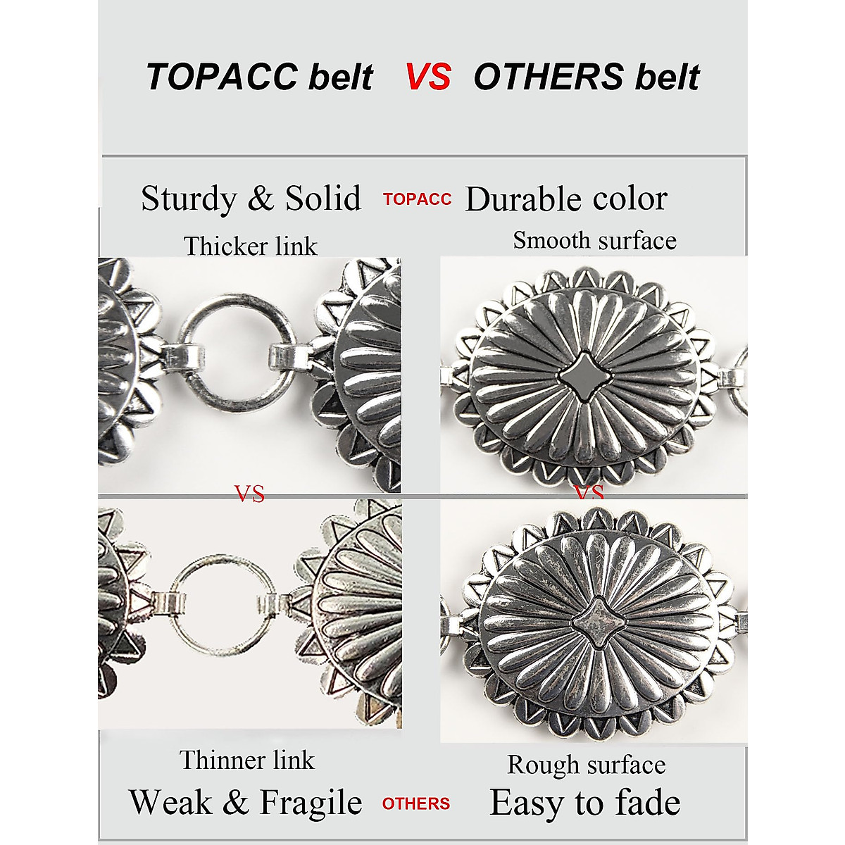 TOPACC Western Metal Oval Concho Chain belts for Women Silver Boho Cowgirl Belt for Dresses Jeans Girls Country Concert Outfit