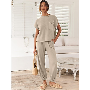ANRABESS Women's Two Piece Outfits Knit Sweater Vest Crop Top Pants Lounge Matching Tracksuit Sweatsuit Travel Clothes Sets Khaki Small