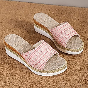 Womens Platform Wedge Sandals Espadrilles Braided Open Toe House Slippers Slip On Summer Mule High Heels Slippers (Pink, 6.5)