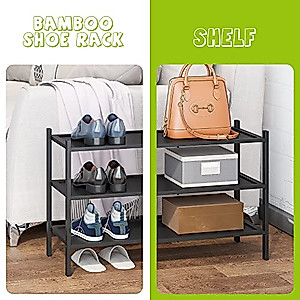 BMOSU 3-Tier Bamboo Shoe Rack Premium Stackable Shoe Shelf Storage Organizer for Hallway Closet Living Room Entryway Organizer(Black)