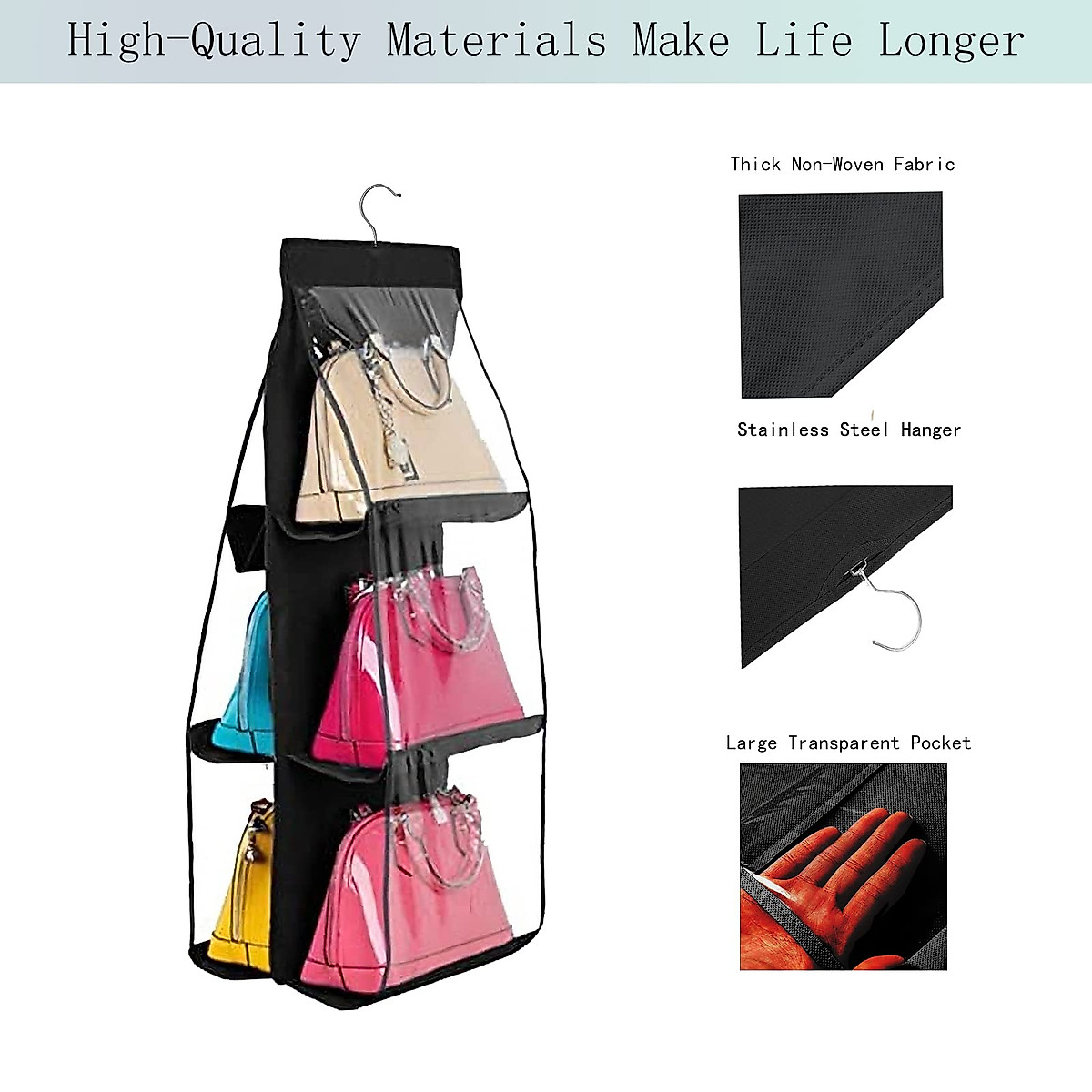 FAJYAZ Purse Organizer for Closet, Handbag Organizer with 6 Large Transparent Pockets, Washable Purse Organizer Storage(Black)